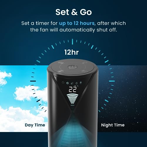 Pro Breeze 46" Oscillating Tower Fan with Remote, Floor Standing Fan Oscillating 70° - Powerful Quiet 45W Cooling Fan for Bedroom, 3 Speed, 4 Modes, 12 hr Timer - Bladeless Tower Fans for Room