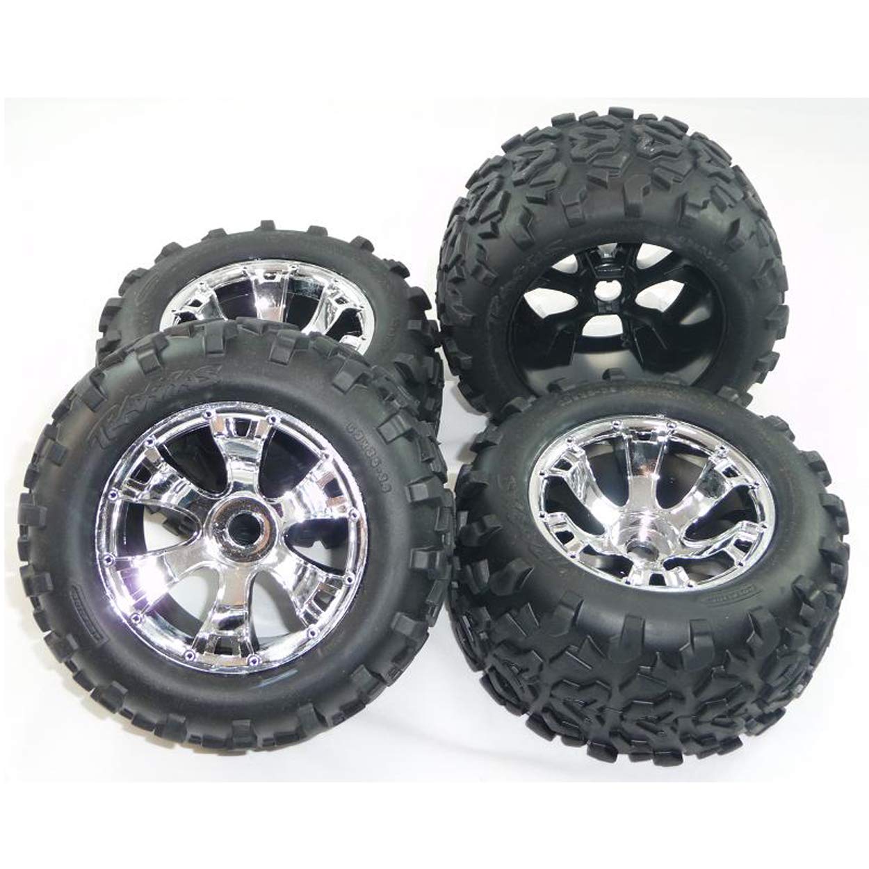 Traxxas Revo 3.3 FRONT & REAR MAXX TIRES & GEODE 17mm CHROME WHEELS Inserts