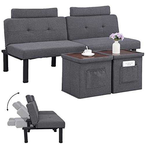 VUYUYU Convertible Futon Sofa Bed with Two Storage Ottoman/Coffee Table, Folding Loveseat Sleeper, Small Futon Couch for Compact Living Space, Apartment, Dorm, Bedroom, 3 Angles/Metal Legs