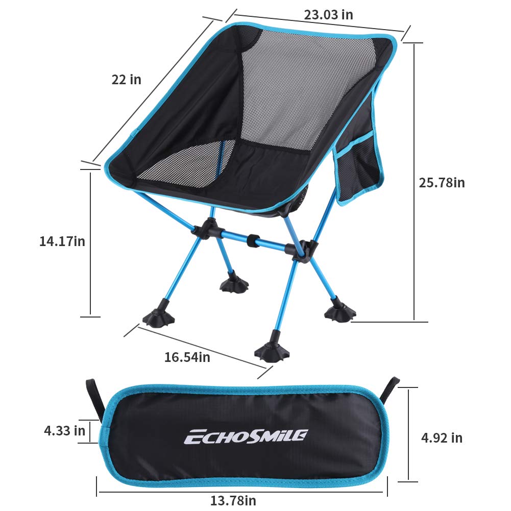 EchoSmile Blue Portable Camping Chair, Compact Ultralight Folding Backpacking Chairs, Small Collapsible Foldable Packable Lightweight Chair in a Bag for Outdoor, Camp, Picnic, Hiking
