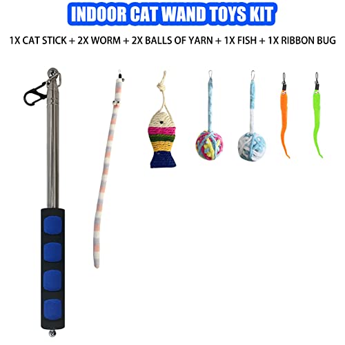Retractable Cat Toys Wand, 7 Pack Super Long 55.1" Retractable Cat Wand Toy Ball of yarn Rainbow Cat String Toy with Feather Teasers, Interactive Cat Toys for Indoors,Funny Exercise for Kitten or Cats