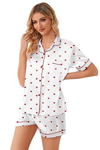 Satin Pajamas for Womens, Silk Pajamas 2 Pcs Button Down Sleepwear Short Sleeve Loungewear Outfit for Womens, D White Heart, US S