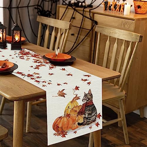 Fall Table Runner Pumpkins Cat Maple Leaf Autumn Harvest Seasonal Thanksgiving Decorations for Home Kitchen Dining Room Party Decor 13 x 72 Inch