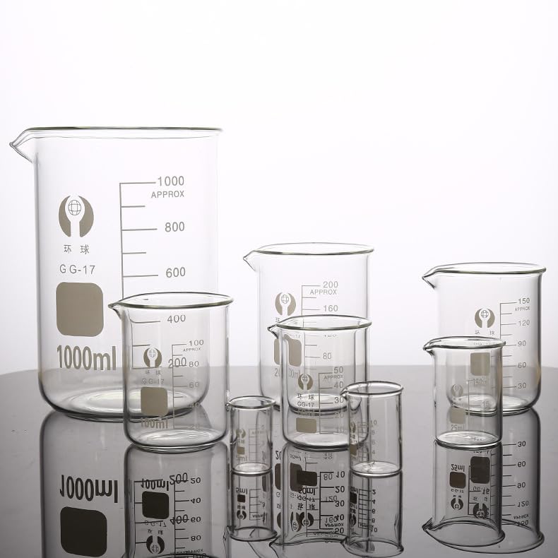 KNMNIU 50ml Low Form Glass Beaker, 3.3 Borosilicate Glass Graduated Printed Scale Measuring Cups with Spout for Kitchen Lab Liquids,4 PACK