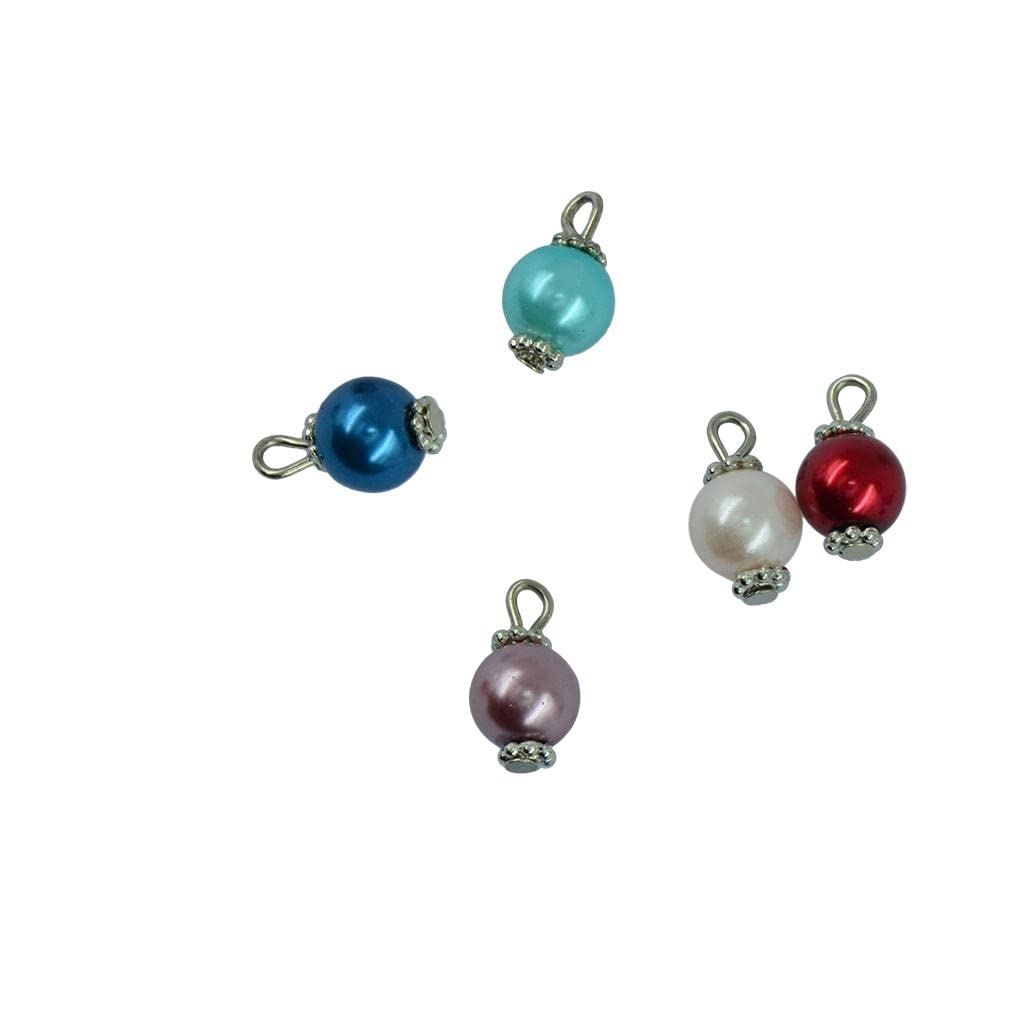 Dovewill 50 Pieces Colourful Charms Dangle Pendant Metal Flower Round Glass Pearl Beads - Silver