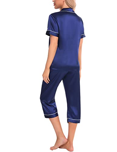 SWOMOG Satin Pajama Set Women Silk Pjs Set Short Sleeve 2 Piece Button Down Sleepwear Lounge Sets Navy Blue