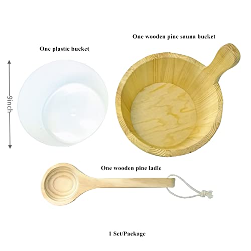 HJJKKH Sauna Bucket Ladle Set-Sauna Accessories with Handmade Wooden Bucket Ladle Plastic Liner Wood Handle for Sauna Steam Room