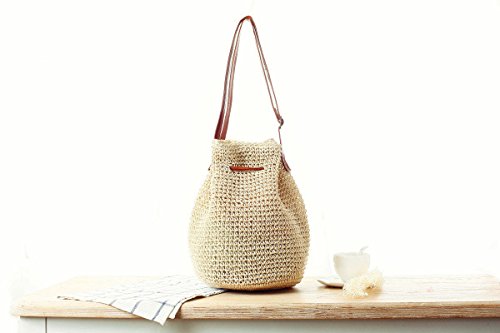 Donalworld Women Bucket Bag Drawstring Hobo Crochet Straw Shoulder Bag L Beige