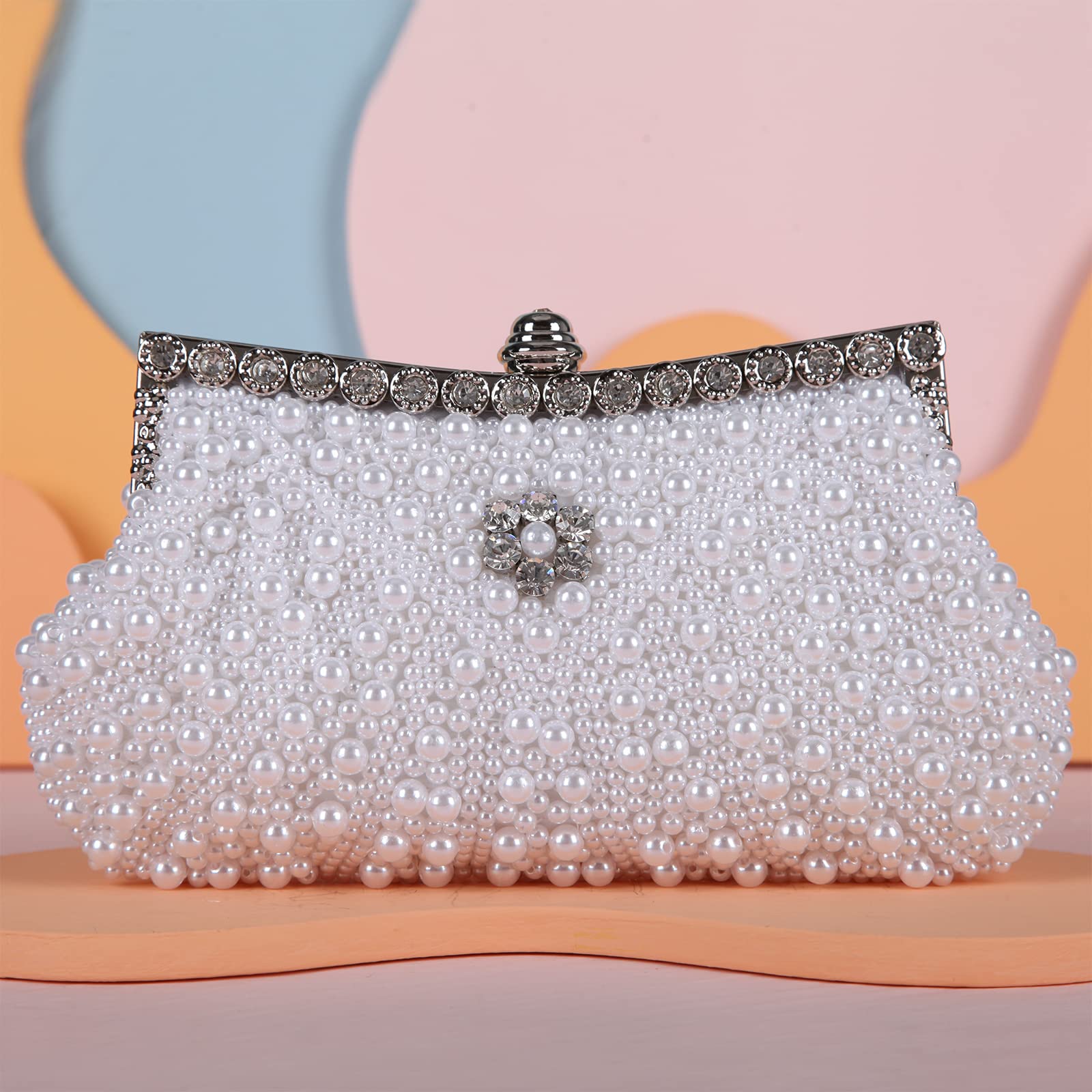 Fawziya Evening Clutch Bling Rhinestone Faux Pearl Soft Novelty Purses For Women Formal-White