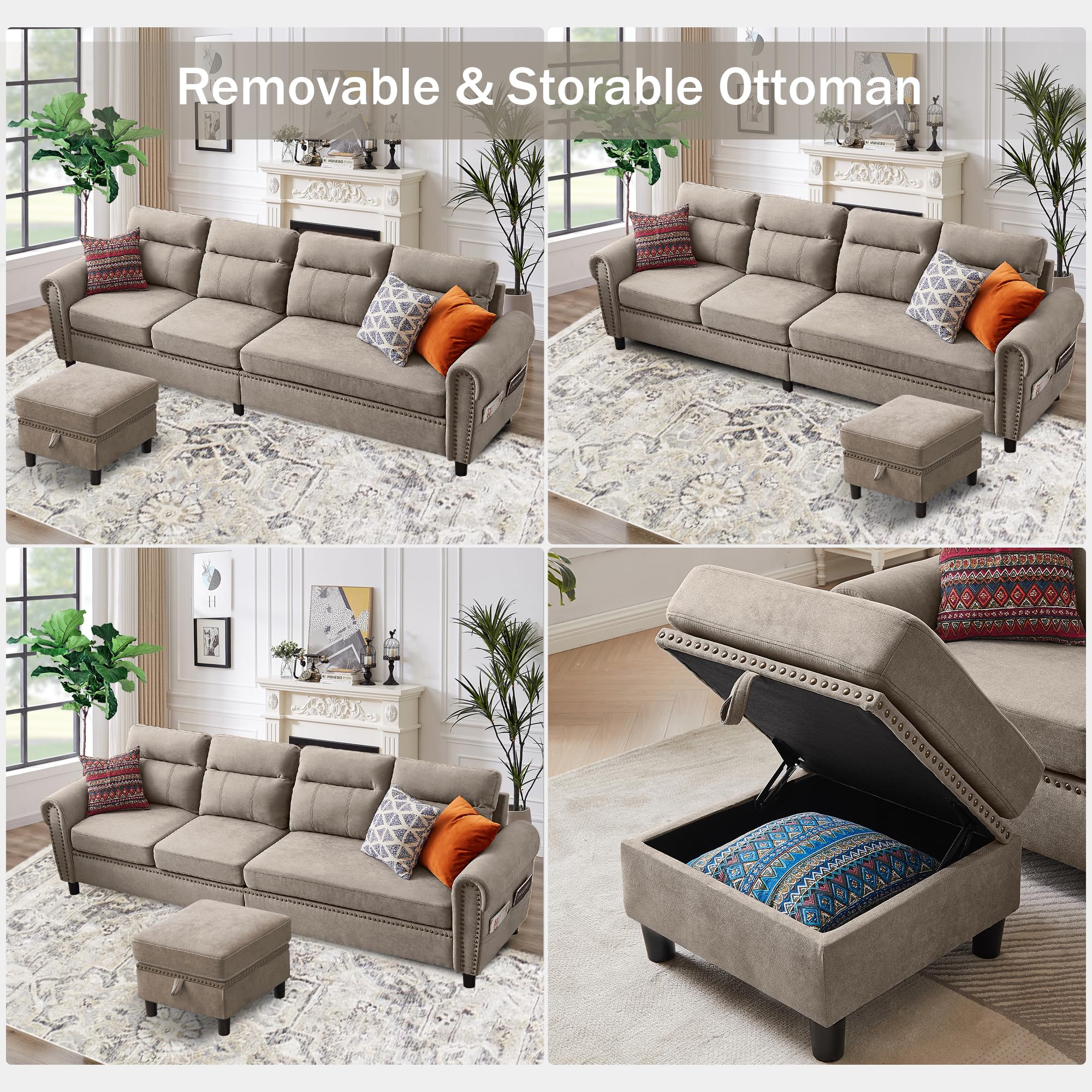 Jarenie 107" Convertible Sectional Sofa, 4-Seat L Shaped Couch with Storage Chaise Lounge and Side Pocket, Modern Linen Fabric Sectional Couches for Living Room(Light Grey)