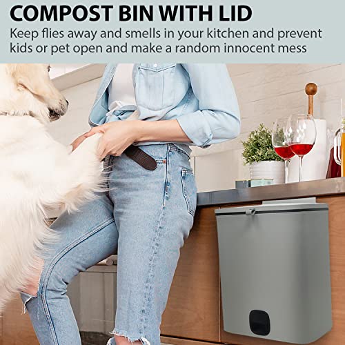KSEV 2.6 Gallon Kitchen Hanging Trash Bin with Lid and Trash Bag Compartment, (2 Way Slide Open) Mountable Garbage Compost Can for Counter Top, Under Sink, Cabinet Door, Bathroom, RV, Pontoon (Gray)