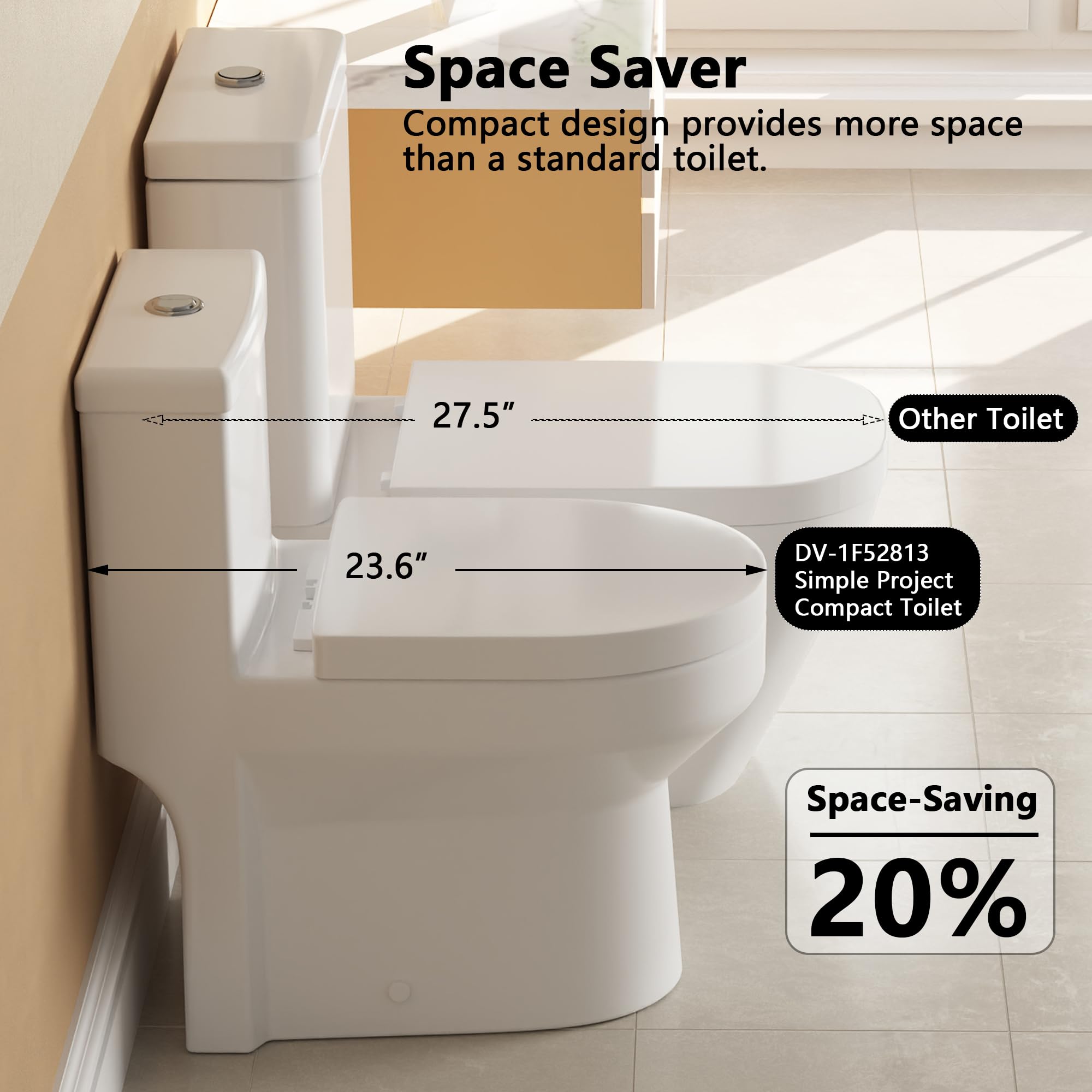 DeerValley DV-1F52813 Tiny Small Compact Dual Flush One Piece Toilet, Space Saver Commode designed for Water Closet, Soft Closing Seat Included, High-Efficiency WaterSense Cotton White