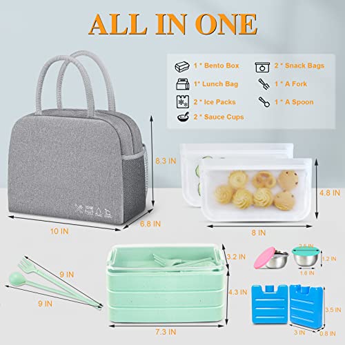 KUBYA Bento Lunch Box Set,Stackable Lunch Container Leak-Proof 3-In-1 Compartment With Ice Packs, Reusable Lunch Bag, Food Bags, Sauce Cups, Lunch Box Microwave Freezer Safe(GREY)