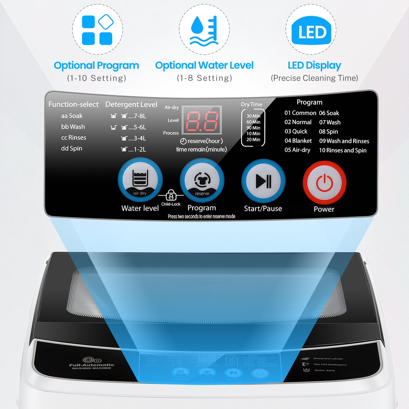 Nictemaw Portable Washing Machine 17.8 Lbs Full Automatic Portable Washer 2.4 Cu.ft Compact Laundry Washer with 10 Programs & 8 Water Levels, Glass Top Lid, Drain Pump, Ideal for Apartment, Home, RVs