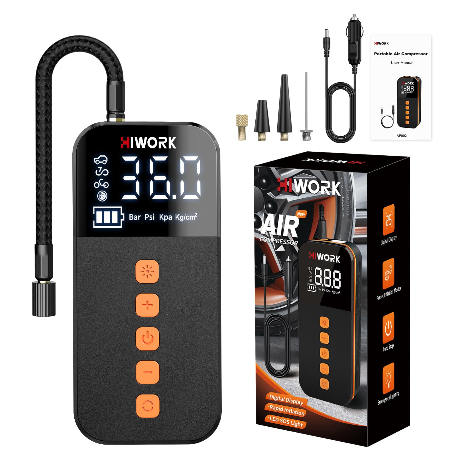 HIWORK 12V Air Compressor, Tire Inflator Portable Air Pump 150 PSI 12V DC Electric Inflator for Car Tires Bikes Balls Balloons and Other Inflatables with Digital Gauge and SOS Light