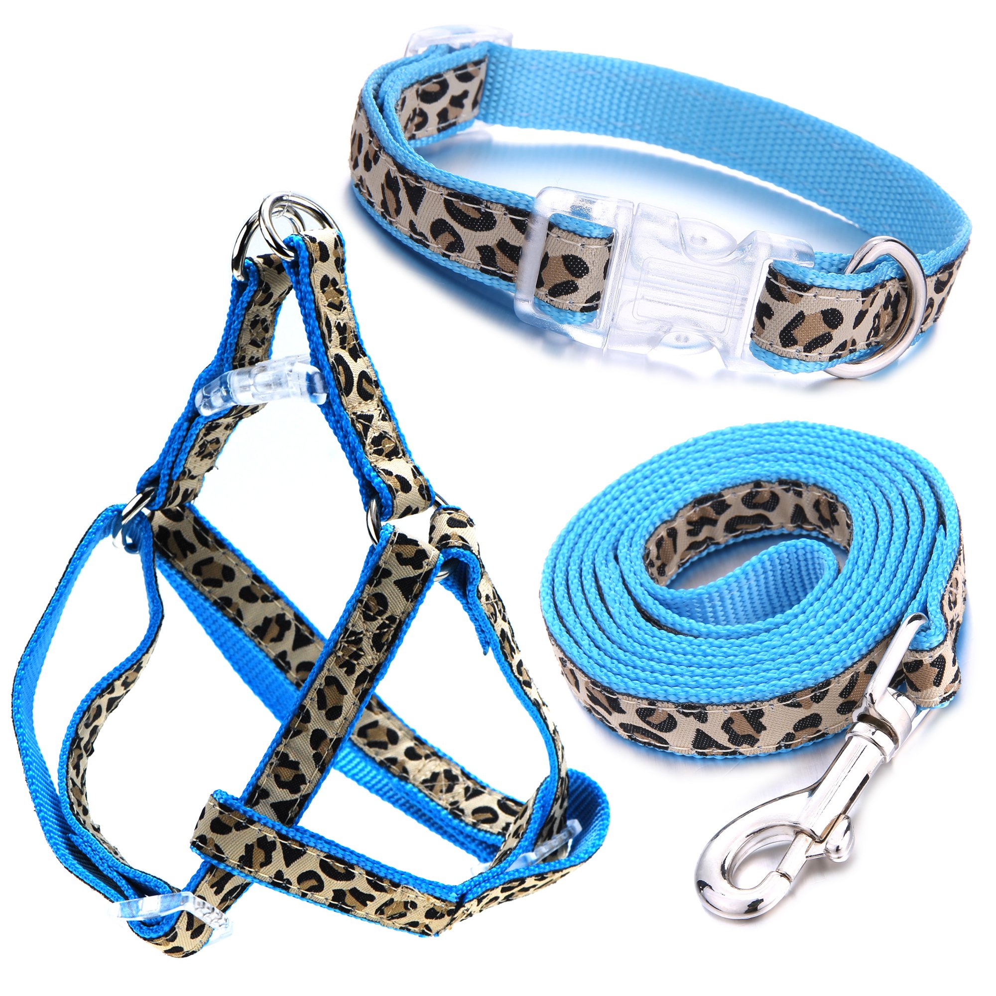 Mile High Life Leopard Dog Harness Collar Leash Set | Adjustable No Pull Dog Halter Harness for Small Breed Dogs | Easy Control for Training Walking | Blue, Medium