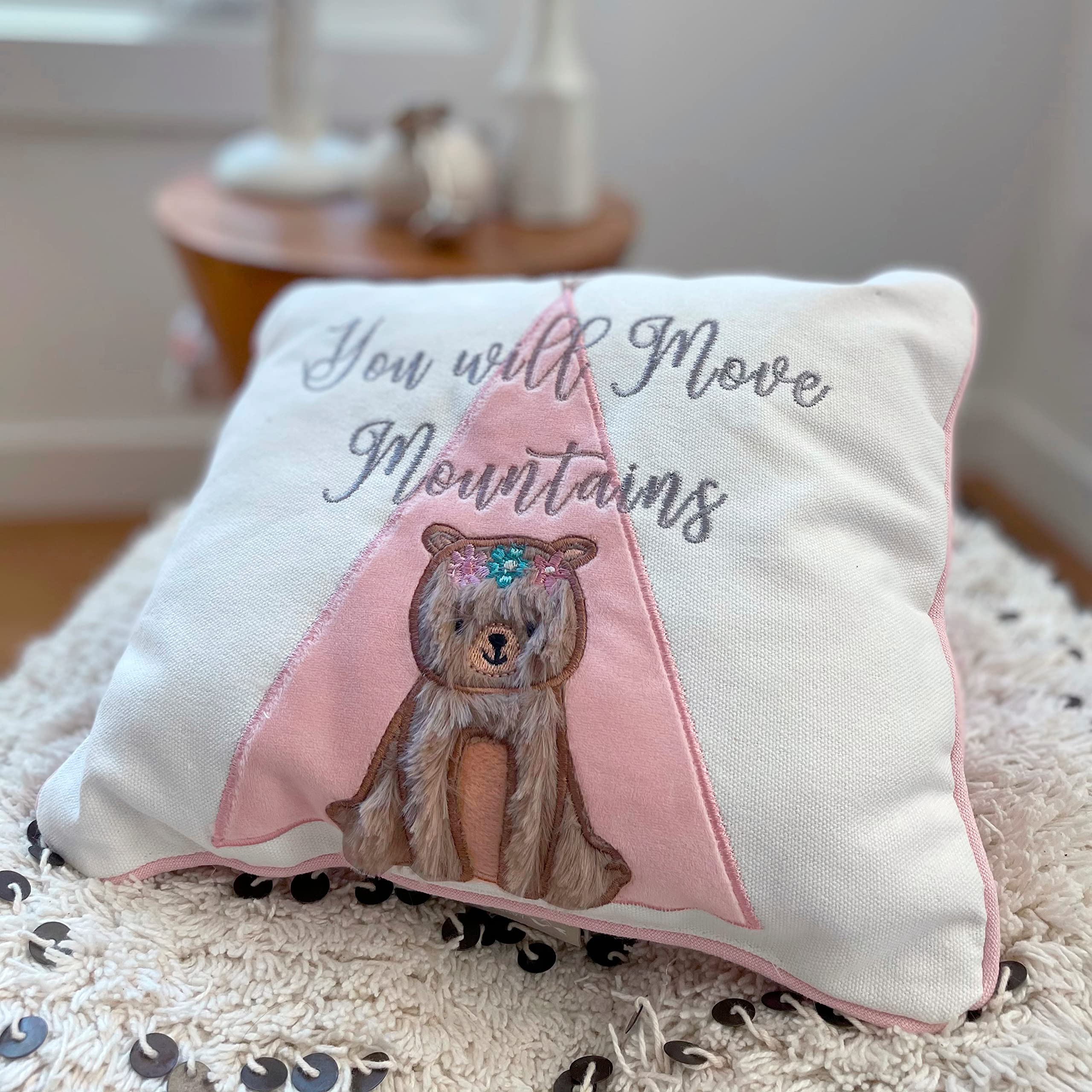 Levtex Baby - Malia Decoaritve Pillow - Bear - Cream, Pink, Grey and Taupe - Nursery Accessories - Size: 10 x 12in.