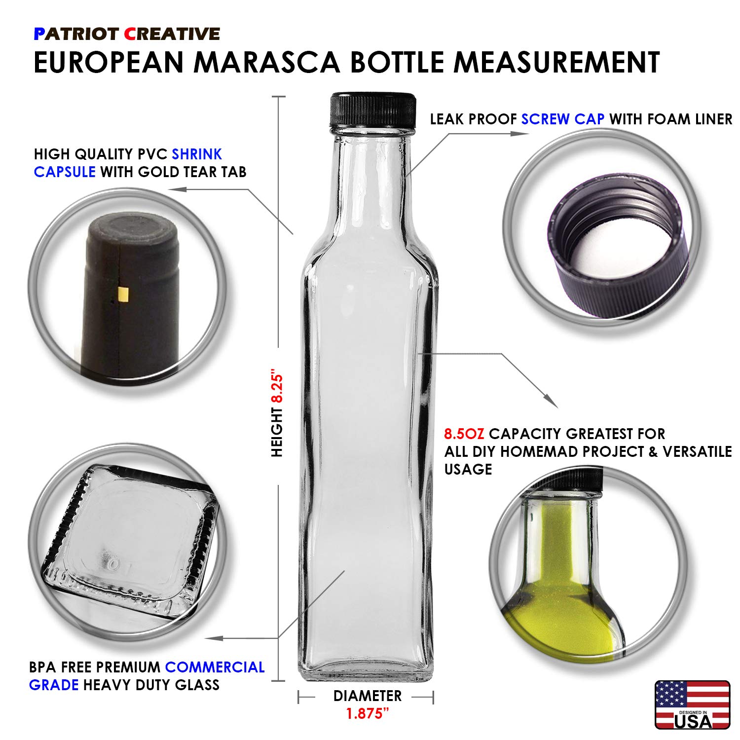 Quadra Bottles 8.5 Oz 15 Sets of Premium Commercial Grade Glass Square Bottle Leak Proof Airtight Plastic Screw Cap Lids Shrink Capsule - European Marasca 8.5 oz Bottle (Black 15Sets 8.5oz 250ml)