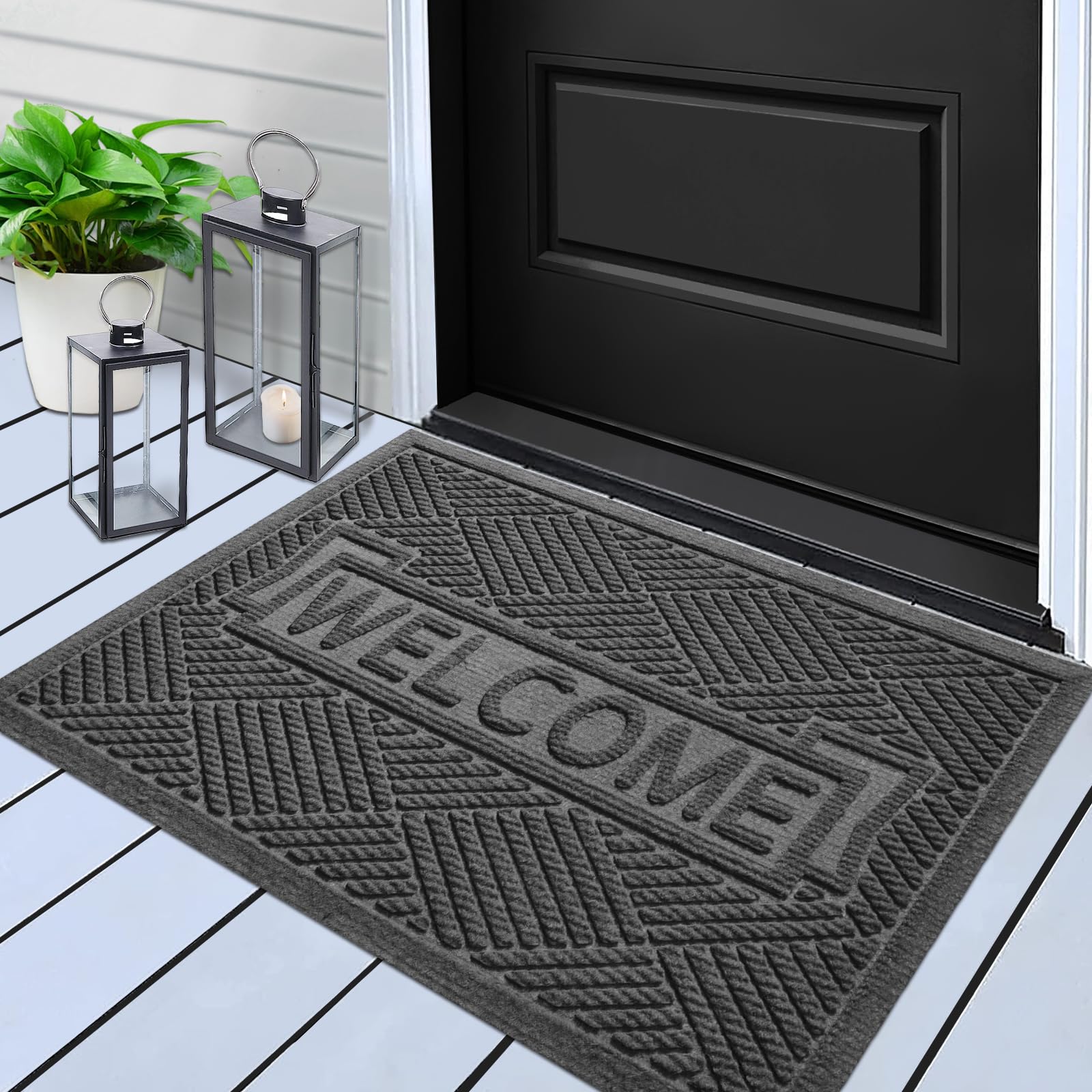 HIYARD Front Door Mat Indoor Outdoor Entrance, Absorbent Dirt Trapping Welcome Door Mat Indoor Outdoor, Non Slip Entry Mat, Fade Resistant, Low Profile Doormat for Entryway, 29×17, Grey