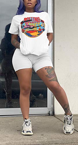 FcuteL Women Summer 2 piece Outfit Short Sleeve O neck Cartoon Print Shirt Bodycom Short Set Jumpsuit Rompers White Small
