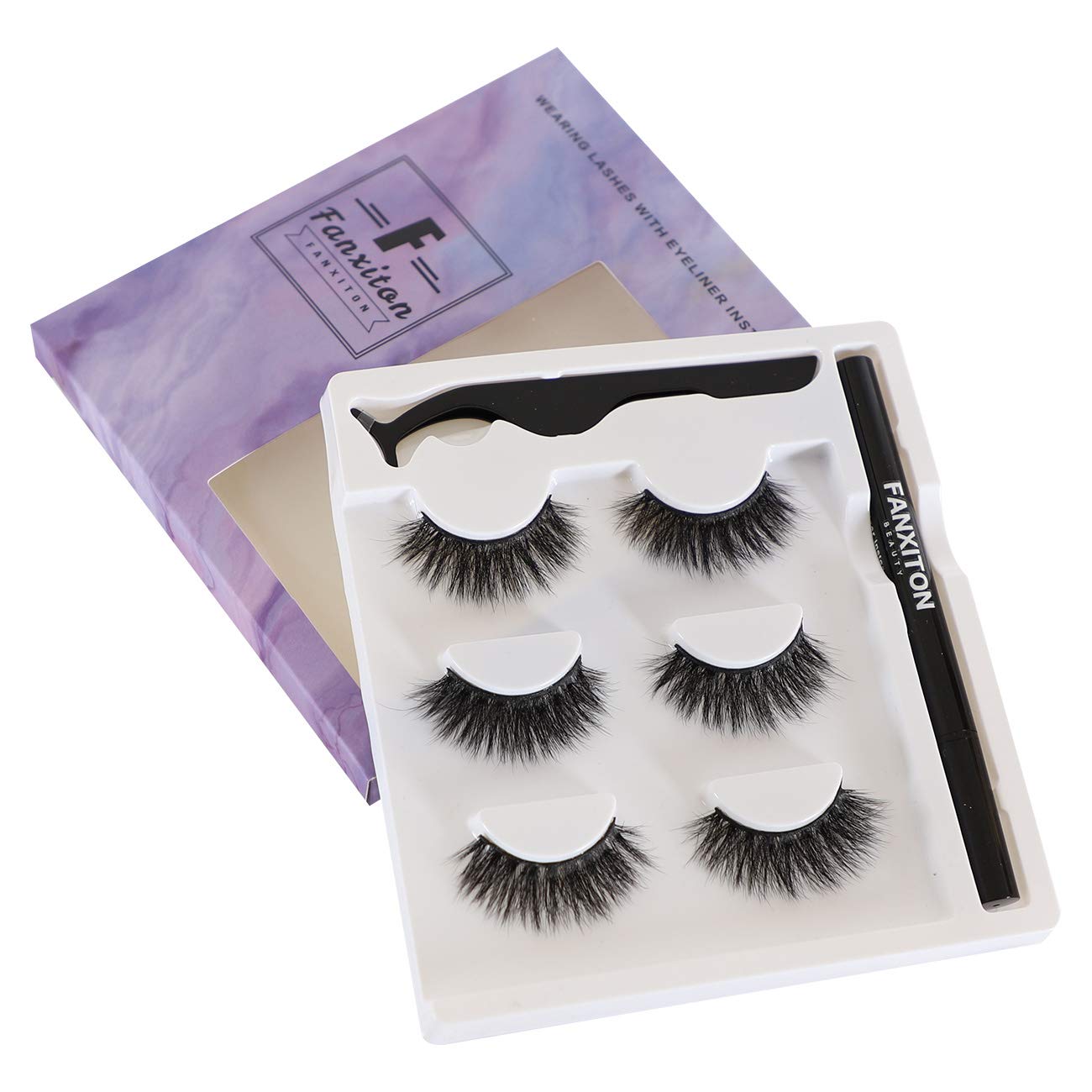 False Eyelashes with Eyeliner Kit, FANXITON 3 Pairs Faux Fluffy Mink Eyelashes with Eyeliner - Strong Hold for Lashes - No Magnet and No Glue Needed