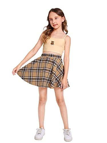 WDIRARA Girl's 2 Piece Cute Outfits Cartoon Print Cami Top and Plaid Skirt Set Multicolored 11-12Y