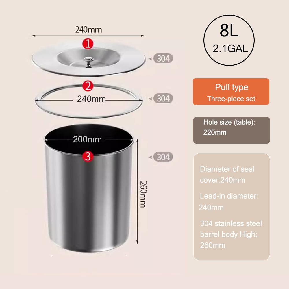 LEASYLIFE 8L/2.1GAL Kitchen Cabinet Countertop Built-in Stainless Steel Trash Can,Built-in Countertop Trash Can, Countertop Lid, Embedded Trash Bin Trash Chute with Lid (8L-Set(Silver)