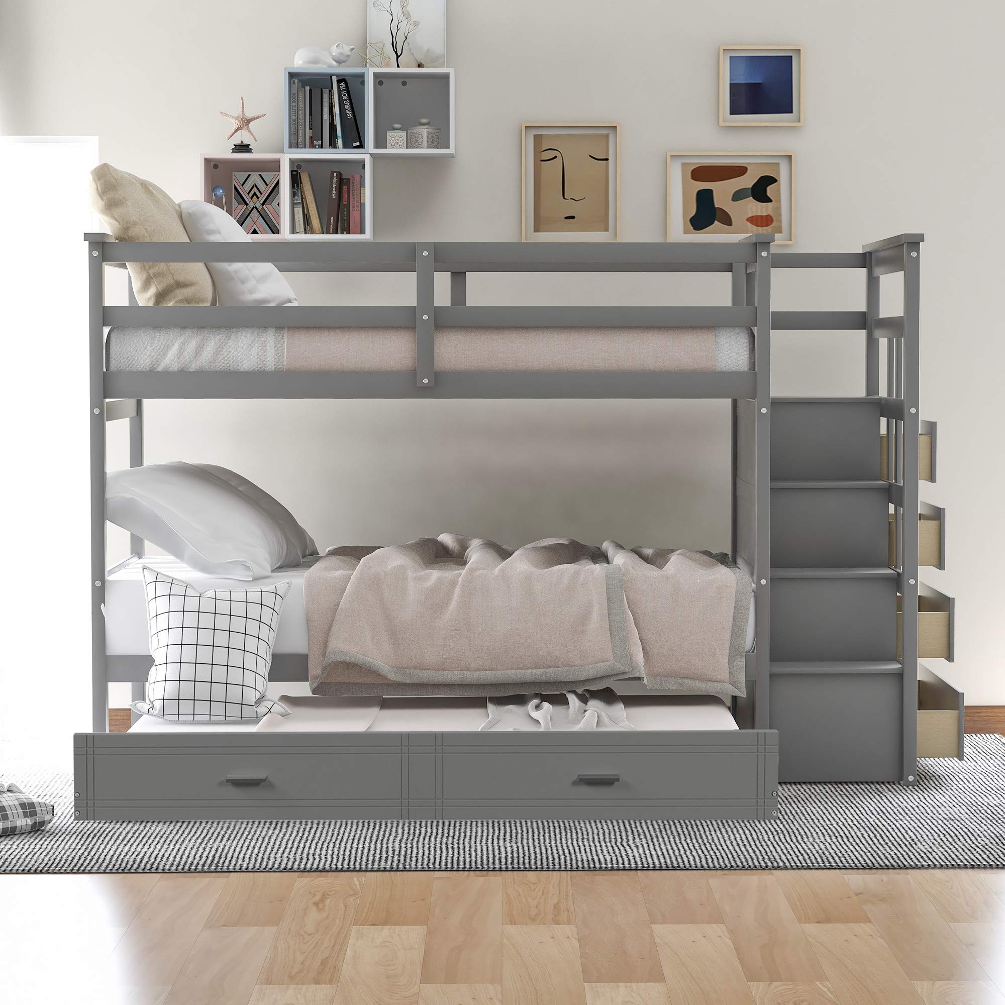 P PURLOVE Twin Over Twin Bunk Bed with Twin Size Trundle,Wood Bunk Bed Twin Size with Staircase,Kids Bunk Bed with Storage Drawers for Boys Girls Teens
