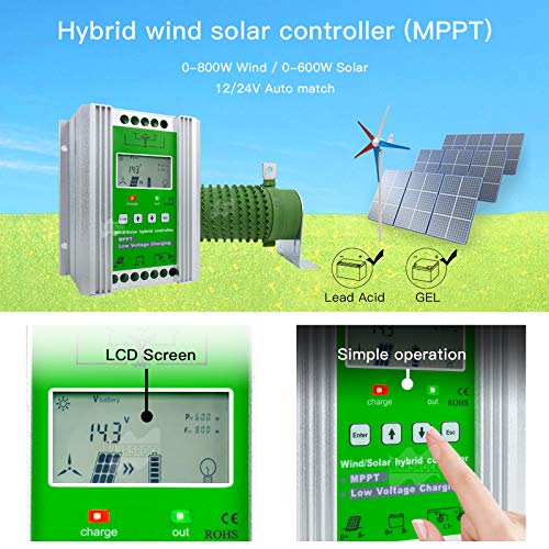 Original Factory 1400W 12V/24V Off Grid MPPT Wind Solar Hybrid Charge Controller Design for 0- 800W Wind with 0- 600W Solar Panel system with Booster Function and Dump Load