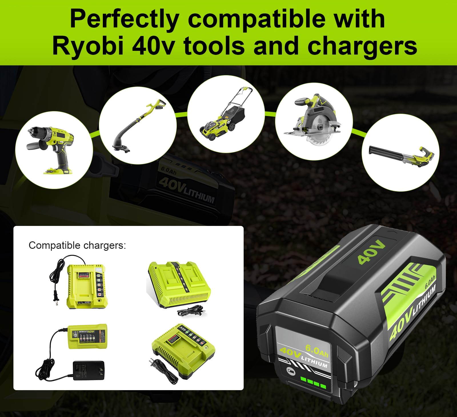 Replacement for Ryobi 40V Battery 6.0Ah Compatible with Ryobi 40 Volt Battery OP4040 OP40401 OP4026 OP40261 OP4050 OP40201 OP40601 Compatible with Ryobi Battery 40V Cordless Power Tools 2-Pack