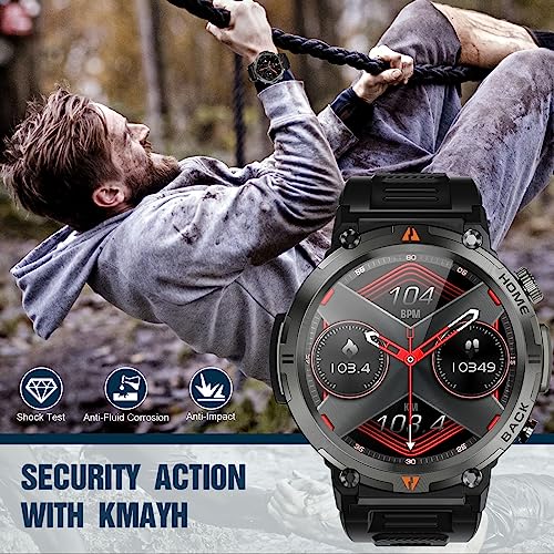 Military Smart Watch for Men with Flashlight(Bluetooth Call/Answer), 1.45β Rugged Tactical Smartwatch for Sleep Heart Rate Pedometer, Outdoor Fitness Tracker Compatible with Android iPhone Black