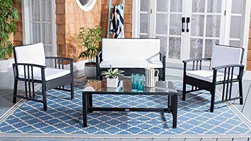 SAFAVIEH Outdoor Collection Reslor Wicker Cushion 4-Piece Living Set PAT7713A, Black/White