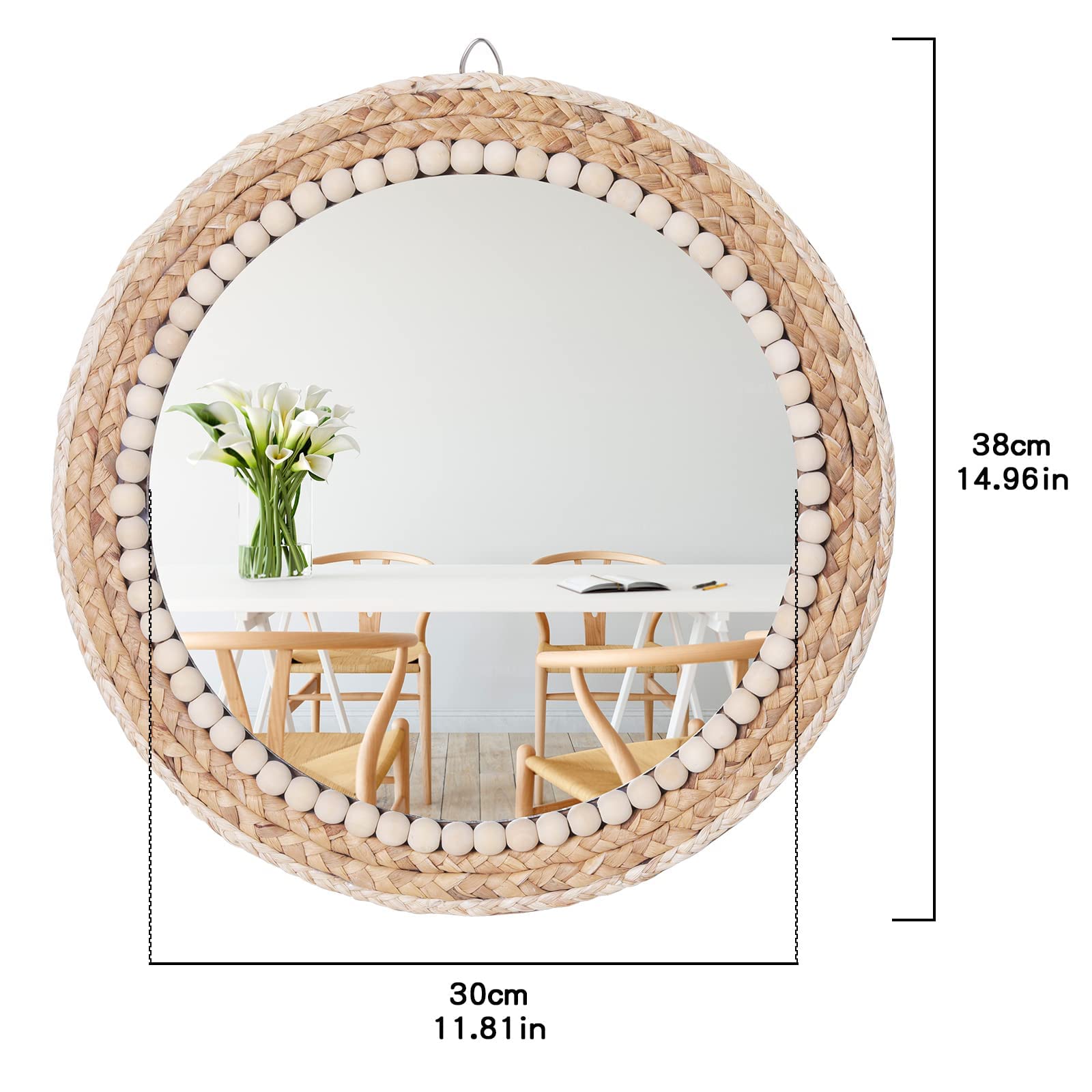 SWTHONY 15 Inch Boho Round Hanging Wall Mirror Decorative Rattan Circle Wall Mounted Mirror for Farmhouse, Living Room, Bedroom, Bathroom