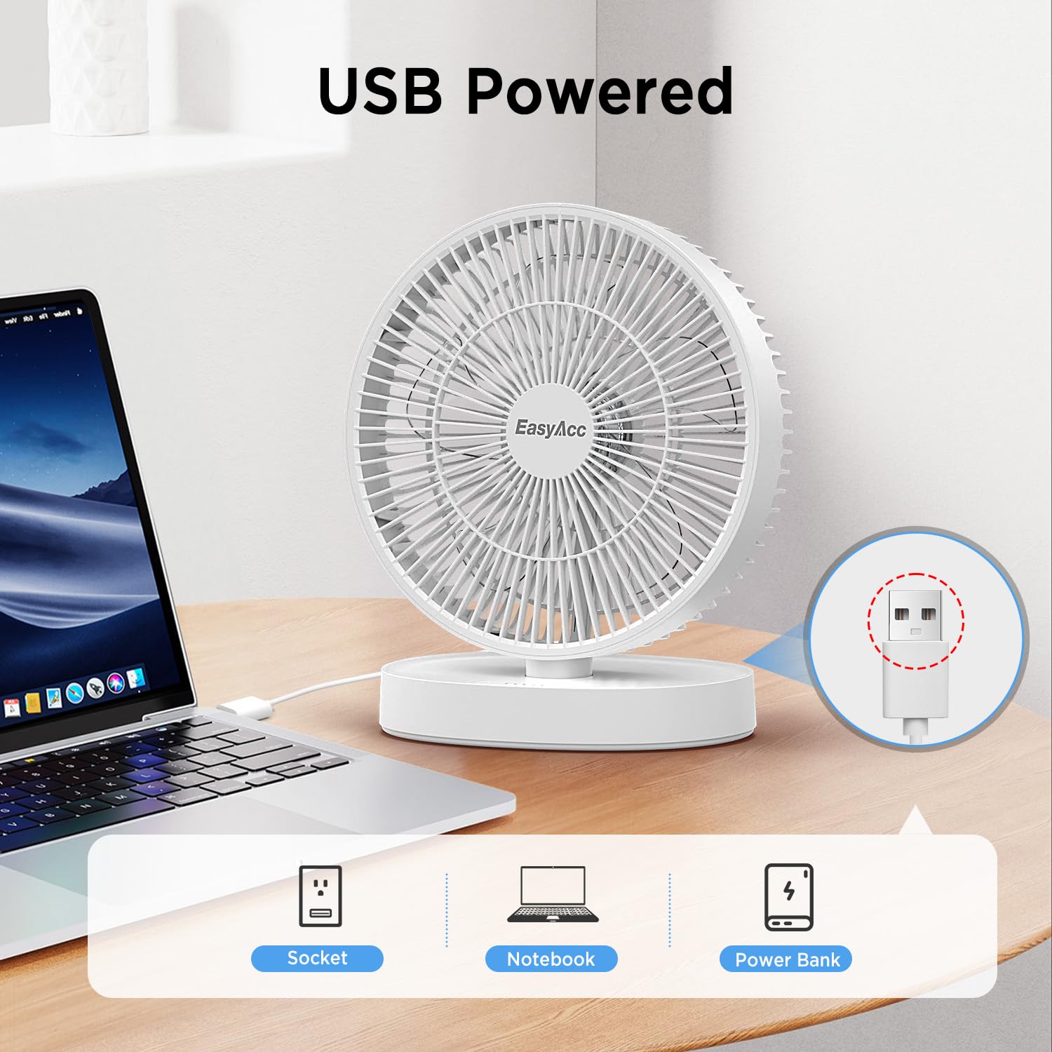 EasyAcc 12 Inch Desk Fan, USB Fan Air Circulator Fan Ultra Quiet 24 dB, IP67 waterproof, 5 Speeds, Timer, Energy Saving Table Fan, Adjustable Angle for Home, Office, Bedroom and Outdoor(White)