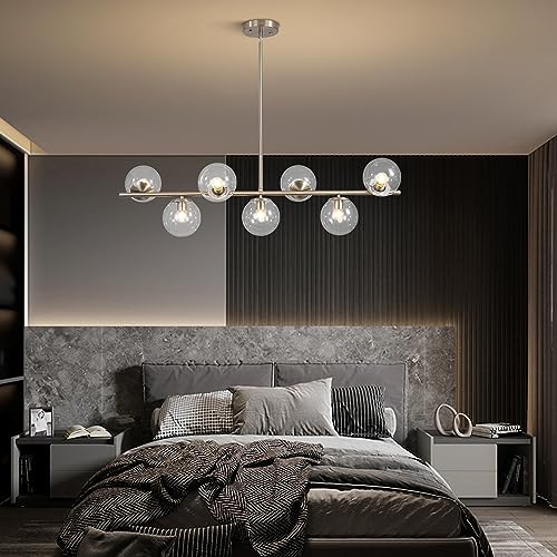 KCO Lighting Modern 7-Light Brushed Nickel Metal Large Chandelier Nordic Clear Glass Globe Farmhouse Pendant Light Silver Minimalist Adjustable Kitchen Island Hanging Ceiling Lights
