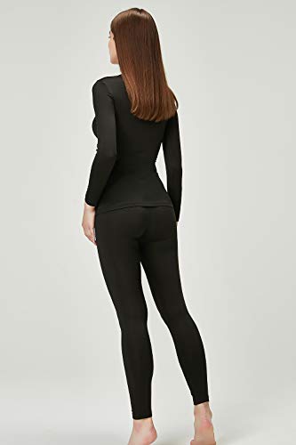 DEVOPS Women's Thermal Underwear Long Johns Top & Bottom Set (Large, Black)
