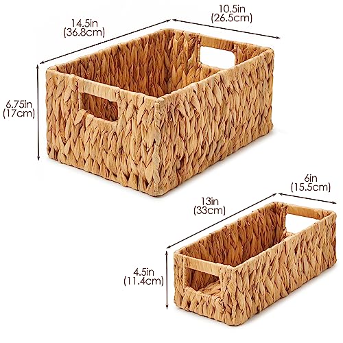 EZOWare Natural Water Hyacinth Baskets, Set of 3 Woven Wicker Rectangular Storage Organizer Bin Boxes with Handles for Closet Toys Clothes Kids Room Nursery - 2 Sizes