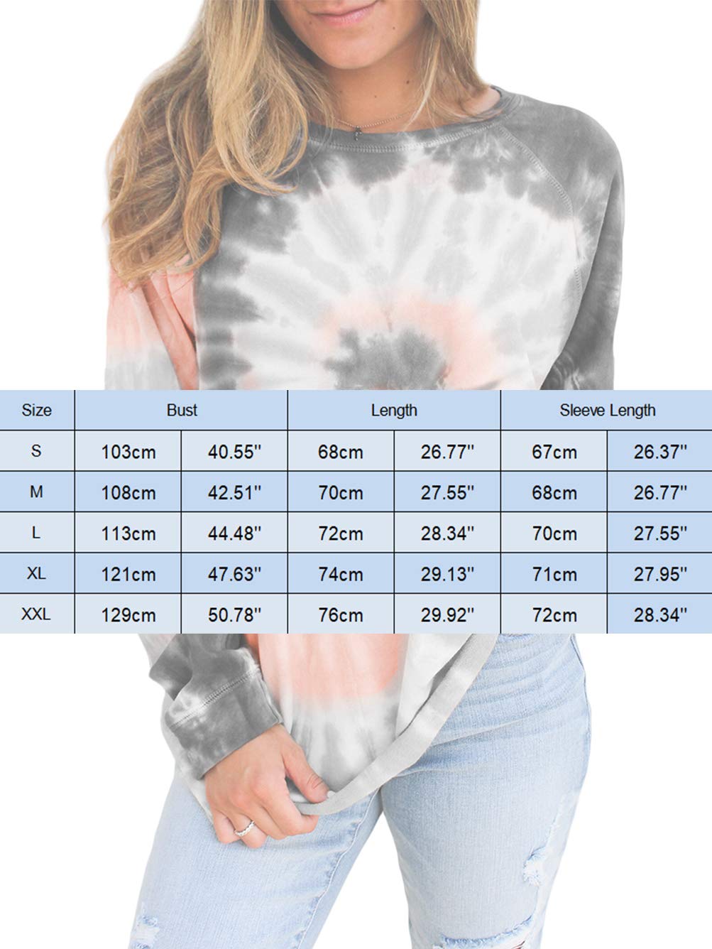 Famulily Women Tie Dye Long Sleeve Tshirt Crewneck T Shirts Long Sleeve Tops Summer Clothing(Grey,M)