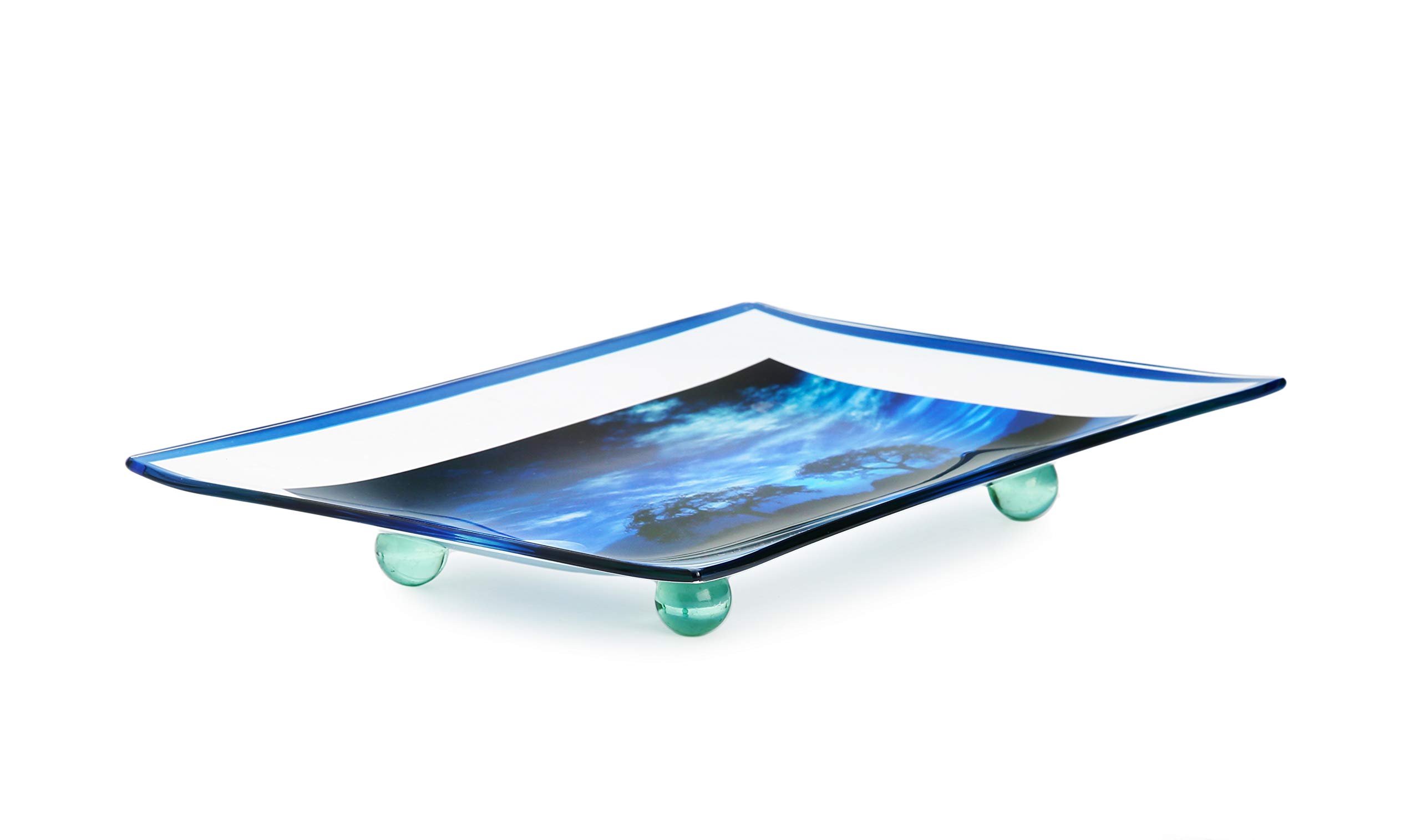 GAC Unique Landscape Design Rectangular Tempered Glass Serving Tray on Glass Ball Legs ā 10x14 Inch ā Break and Chip Resistant ā Attractive Blue Colored Serving Platter