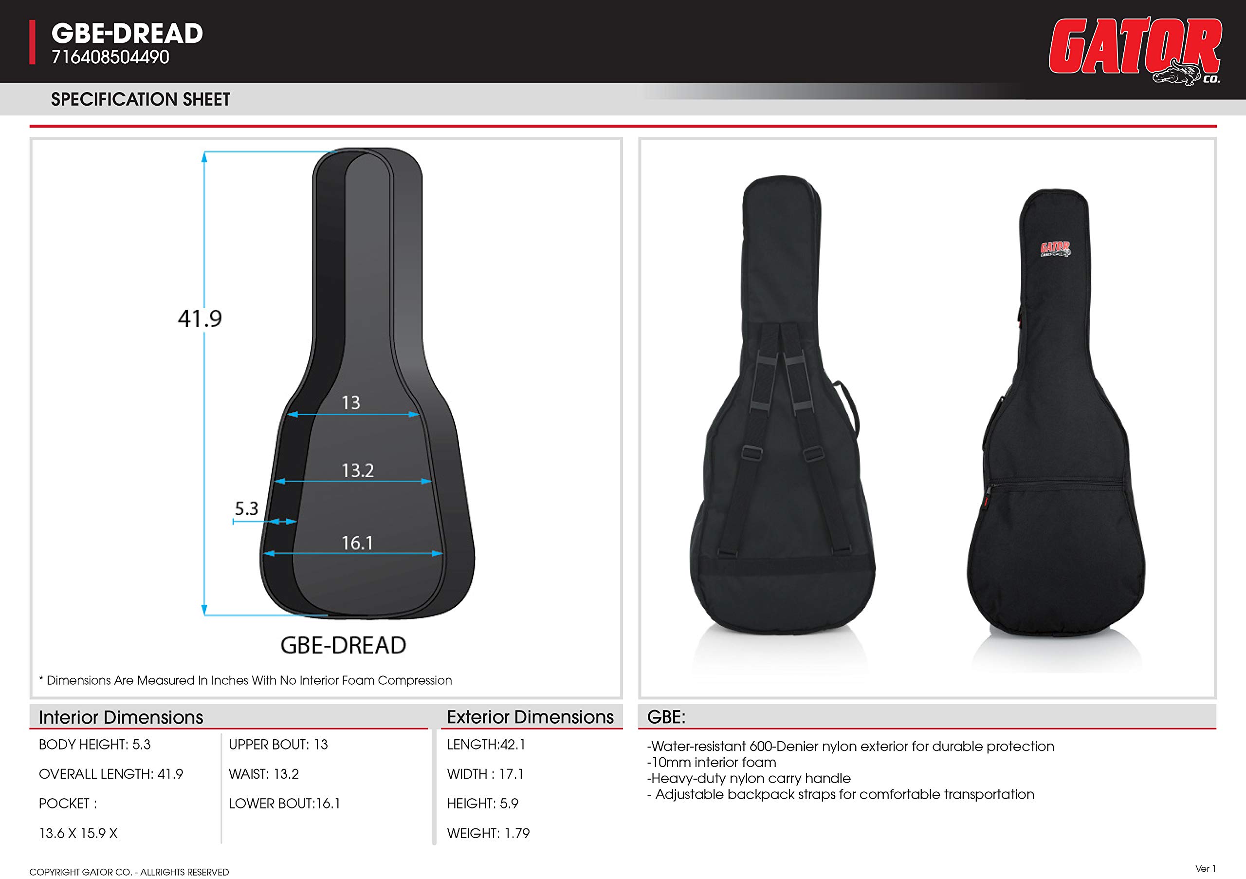 Gator Cases Gig Bag for Dreadnaught Acoustic Guitars (GBE-DREAD)