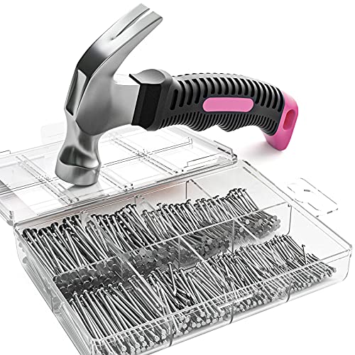 INCLY 620 PCS Small Nails for Hanging Pictures Assortment Kit with 8oz Pink Small Hammer, Mini Hammer Set with Hardware Nails Assorted Set 310 Wall Nails & 310 Finish Nails for Installing with Case