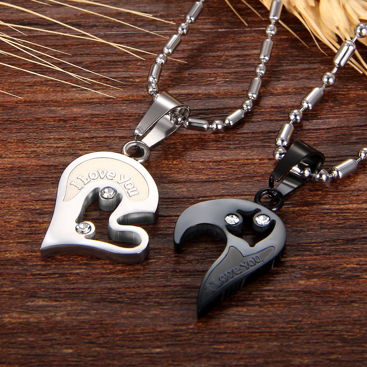 Cupimatch 2-Piece Stainless Steel Couple Necklace Rhinestone I Love You Heart Puzzle Matching Pendant with Chain