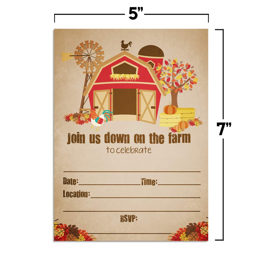 Rustic Old Fashioned Barn Fall & Autumn Barnyard Farm Birthday Party Invitations, 20 5x7 Fill In Cards with Twenty White Envelopes by AmandaCreation