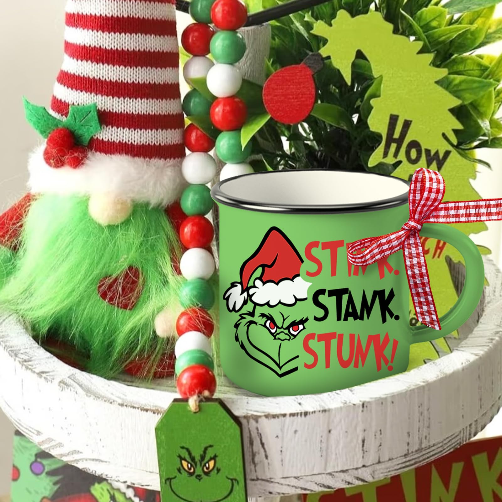 Paayna Merry Christmas Mini Coffee Mug Set of 3, Xmas Stink Stank Stunk Santa Hat Green 5 oz Mini Coffee Cups Tiered Tray Decor, Hohoho Funny Holiday Kitchen Coffee Bar Decorations Housewarming Gift