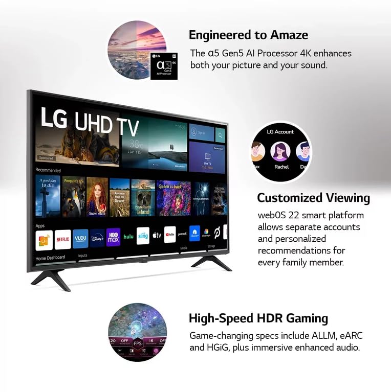 LG 55-Inch Class 4K Ultra HD Smart LED TV HDR10 Bluetooth webOS α5 Gen5 AI Processor Game Optimizer Compatible with Alexa & Google Assistant 55UQ7070Z (Renewed)