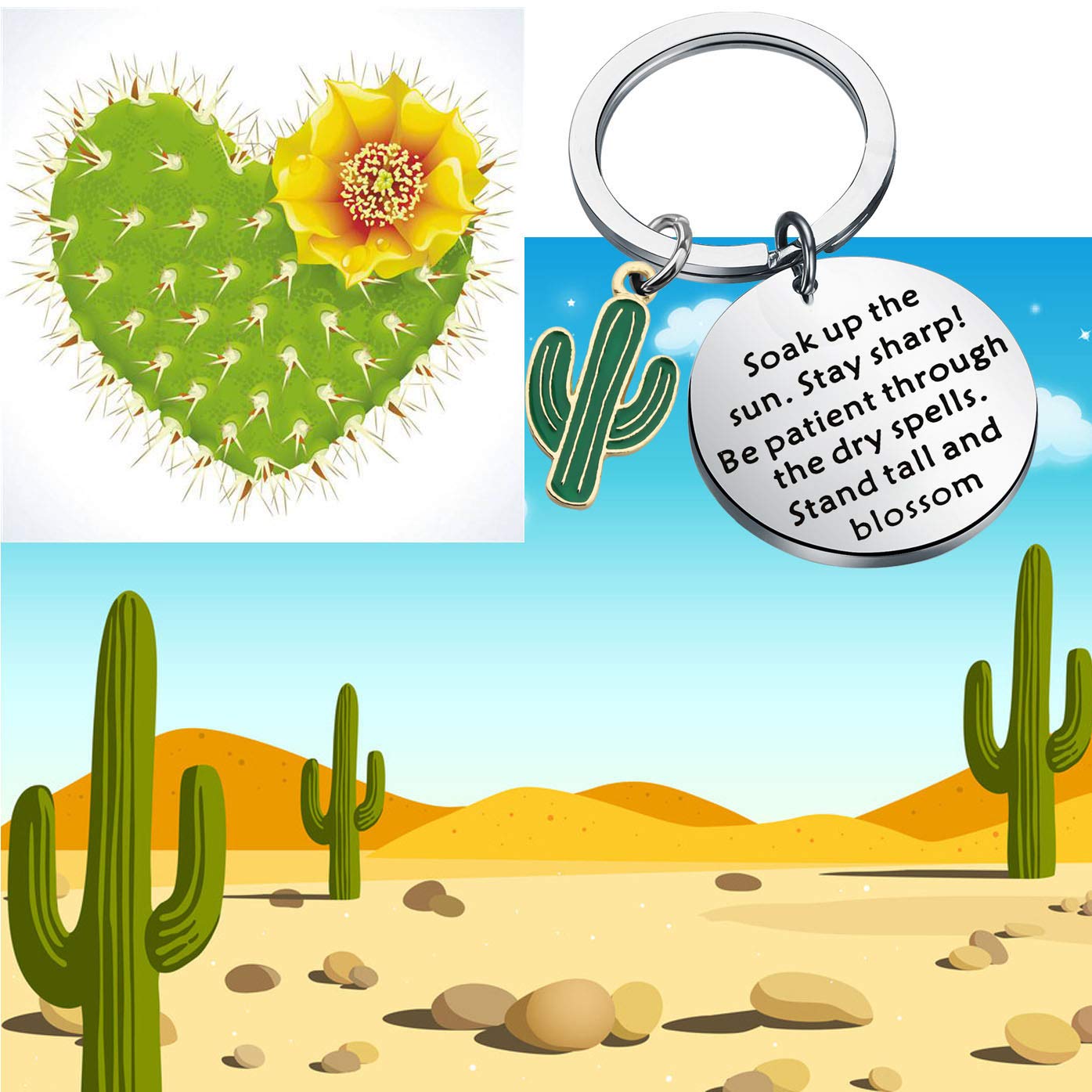 FEELMEM Saguaro Cactus Keychain Soak Up The Sun Stand Tall and Blossom Inspirational Cacti Charms Keychain for Friend Plant Lover Gift (silver)