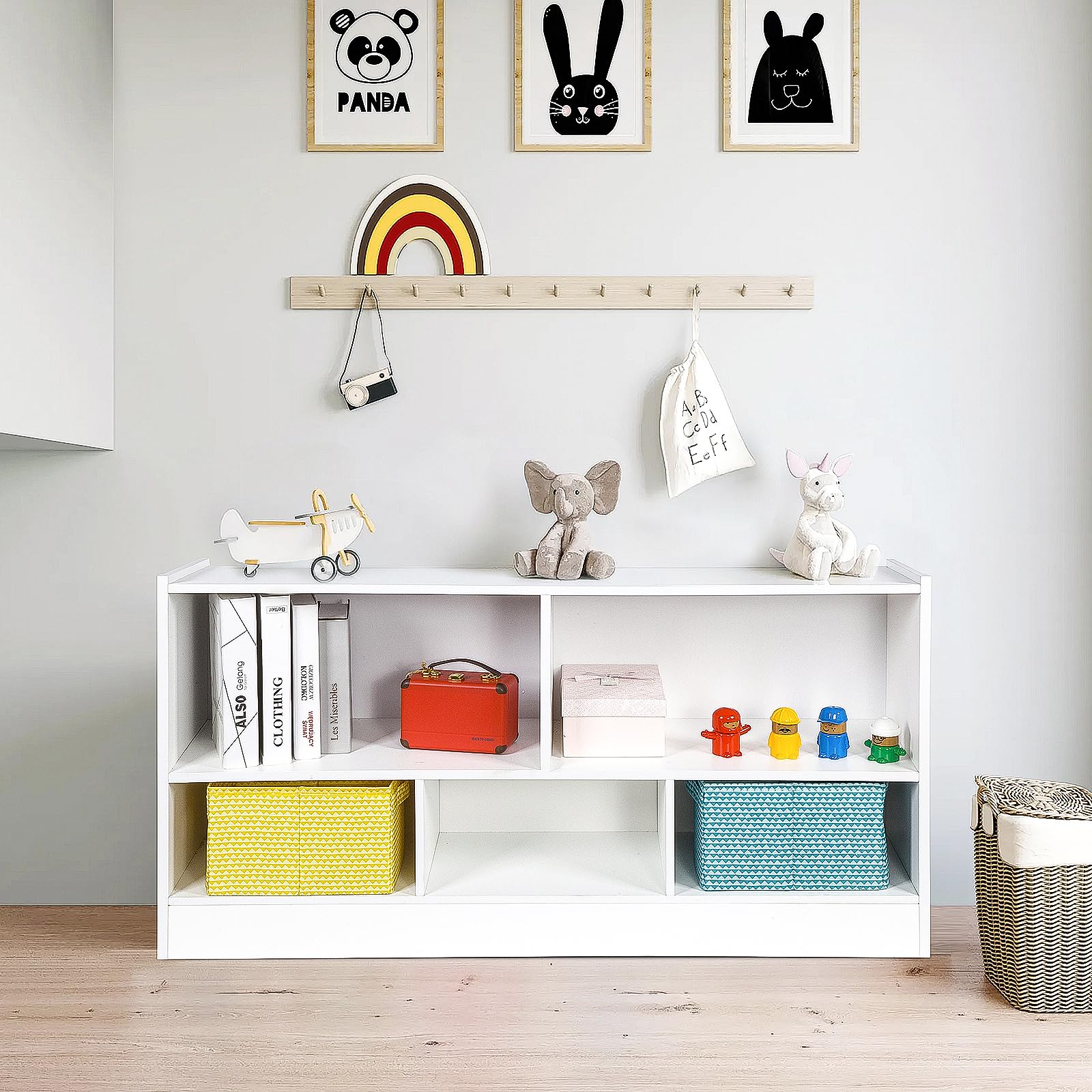 PACHIRA E-Commerce Toy Storage Cabinet for Kids Room White, 5-Section Toy Storage Organizer Open Kids Bookshelf for Playroom, Living Room, Bedroom, Classroom