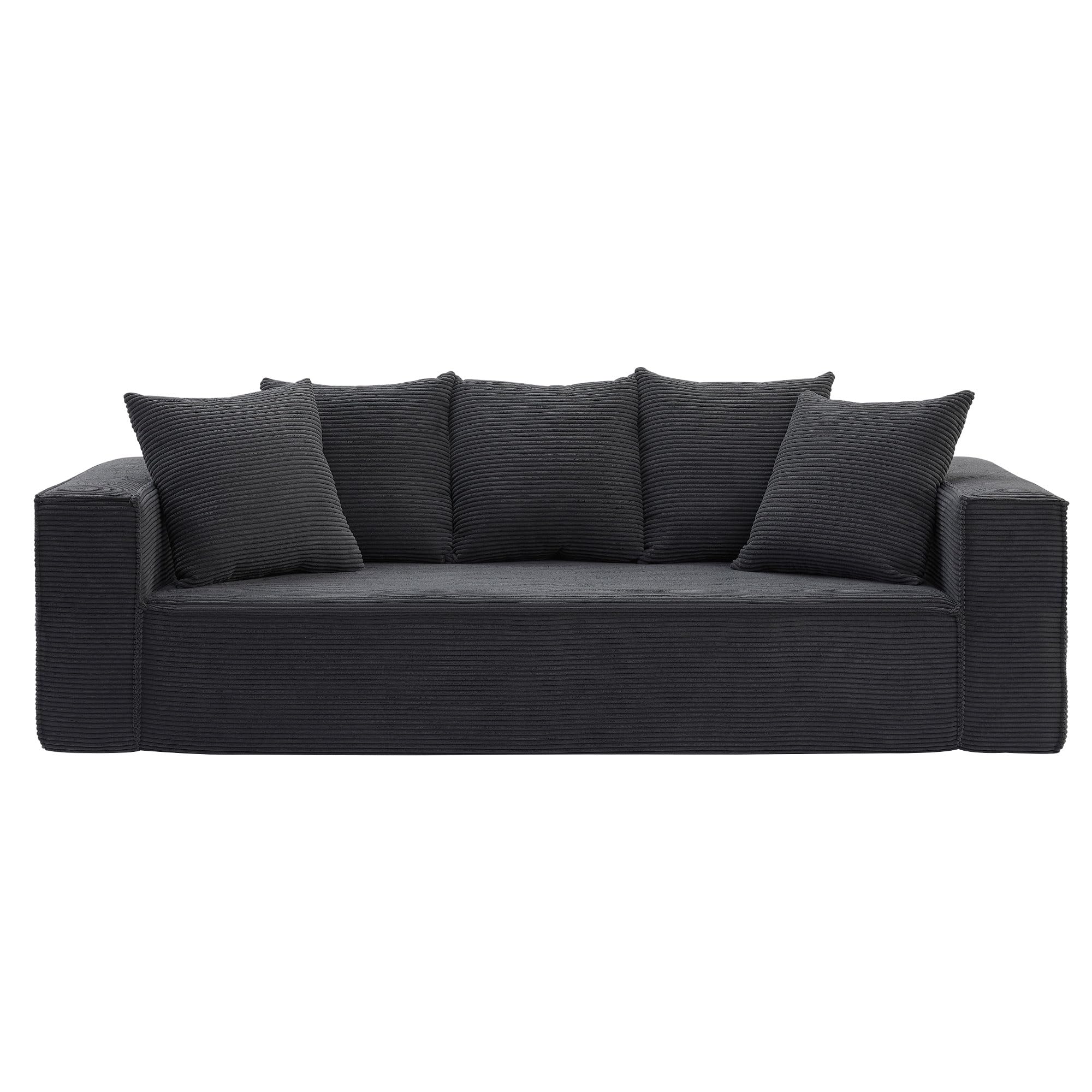 KEVINSPACE 89''Modern Sofa Couch for Living Room 3 Seater Comfy Sofa Corduroy Sofa Couches with 5 Pillows, All-Foam Sofa, NO Frame. No Assembly Required Sofa for Small Space, Apartment Black 22'' H
