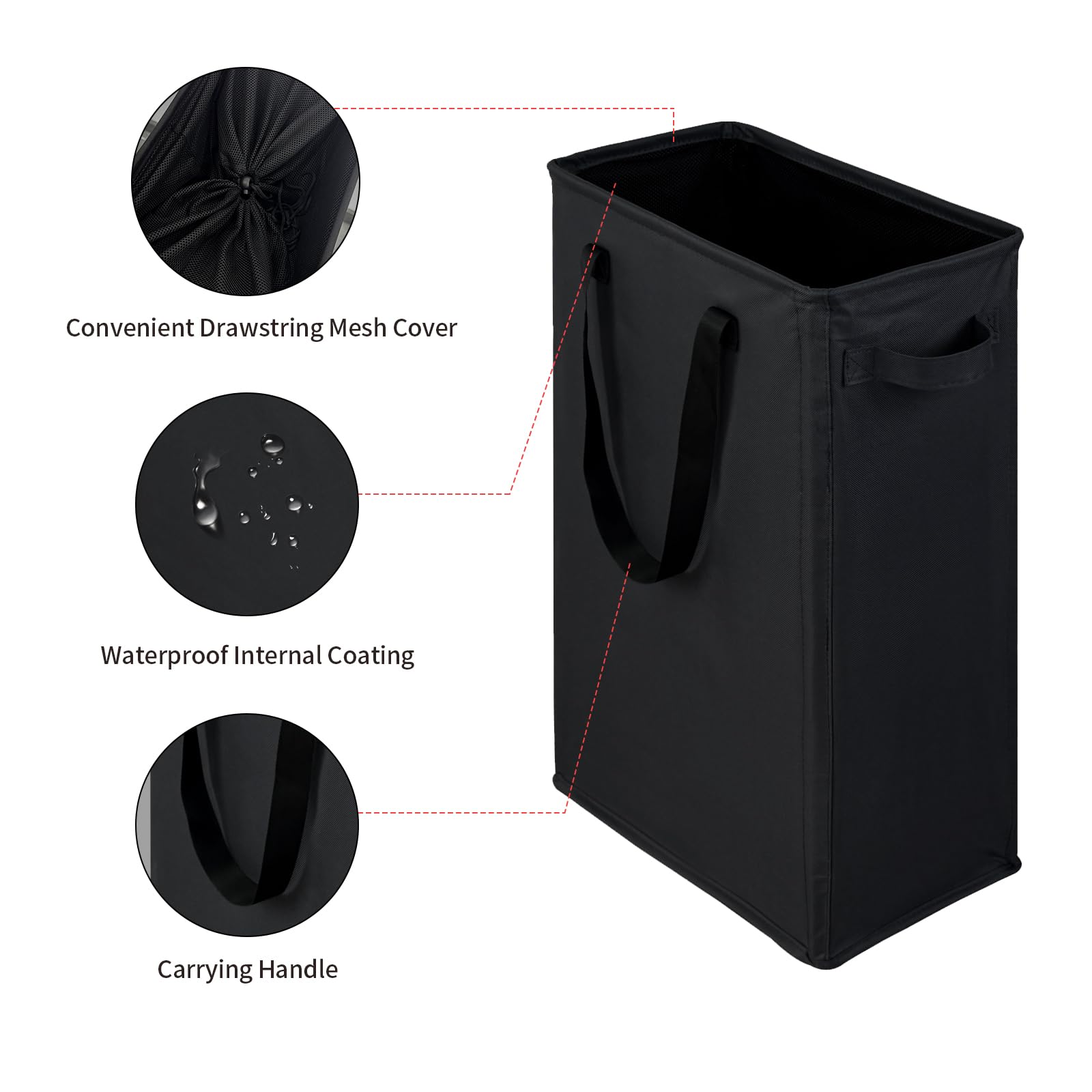 HMFULE Narrow Laundry Basket, Slim Laundry Hamper with Handle,Portable Storage Hamper 48L Foldable for Laundry Room, Dorm and Bedroom (Black)