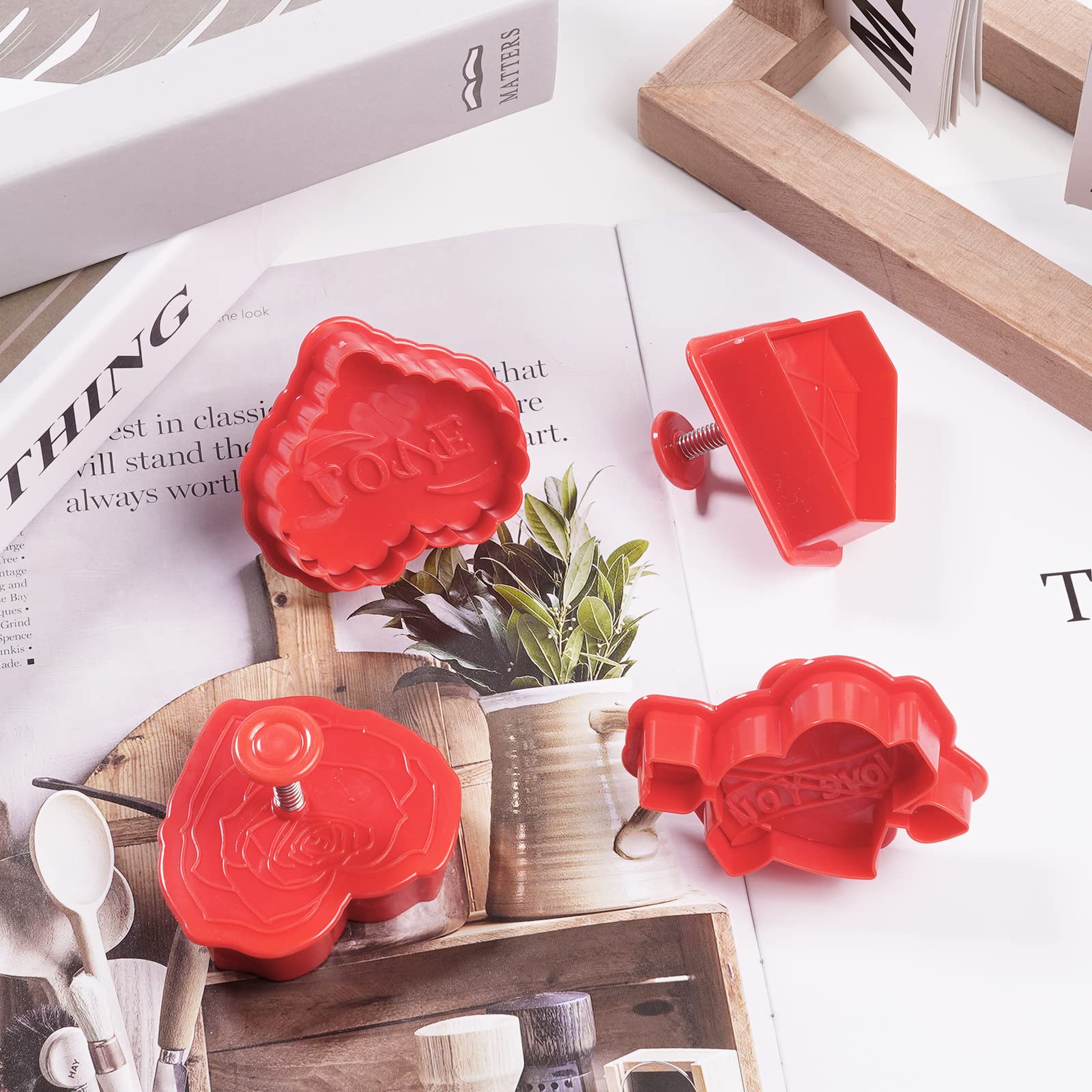 FVVMEED 4 Pieces Valentine's Day Love Couple Rose Diamond Biscuit Cutters Cookie Stamps Plunger Cutter Fondant Molds Embossing Spring Mold Press Cupcake Gum Paste Sugar Craft Decorating Baking Tool